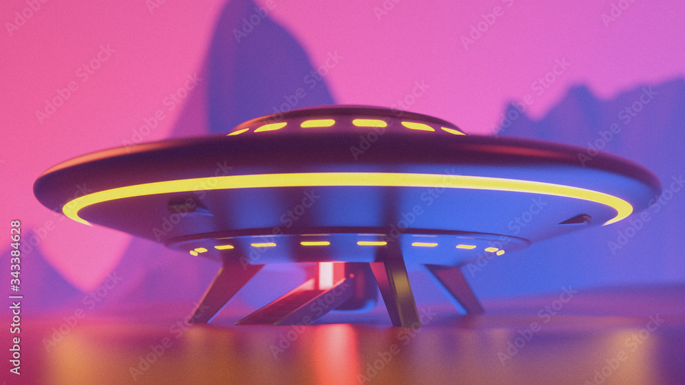UFO landed on the planet at night. Science fiction scene with alien ...