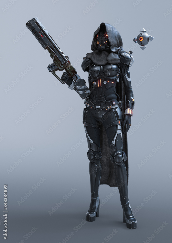 Cyborg woman stands in an attacking pose with an assault gun in one ...
