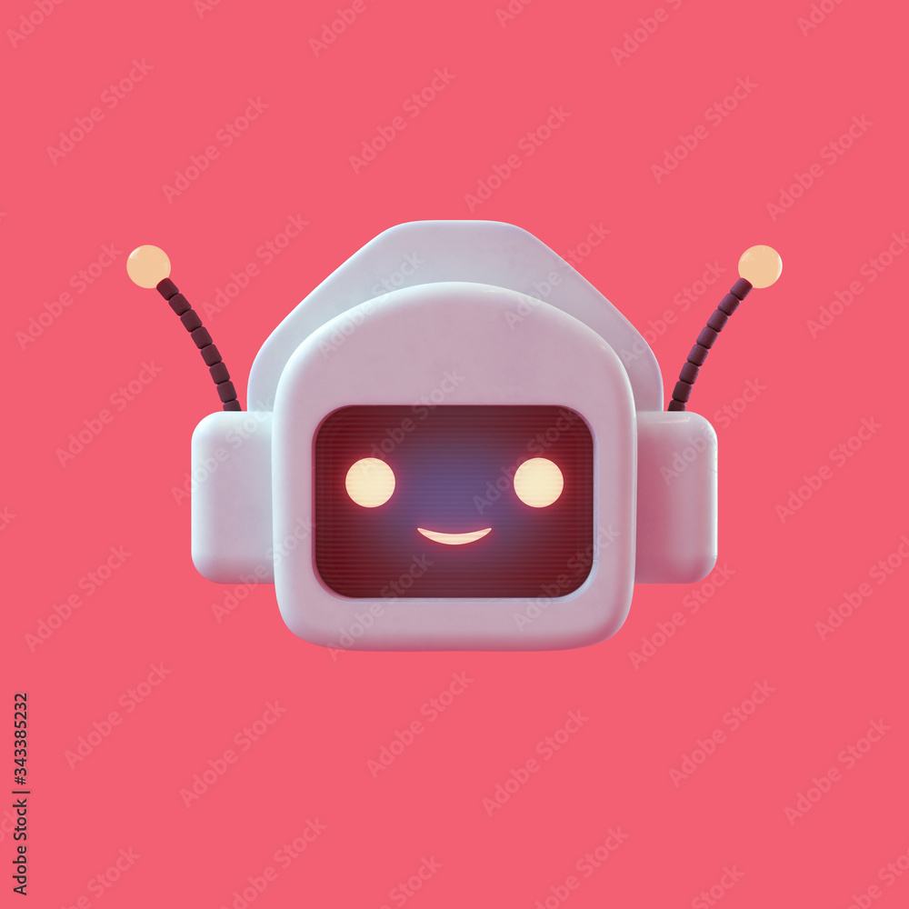 Friendly positive cute cartoon white robot with smiling face on red ...