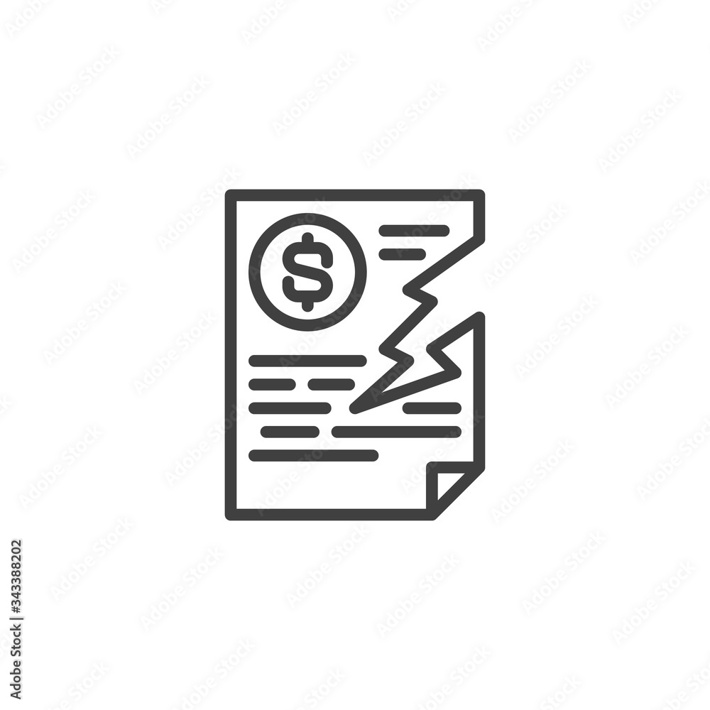 Damaged dollar invoice line icon. Financial contract termination linear ...