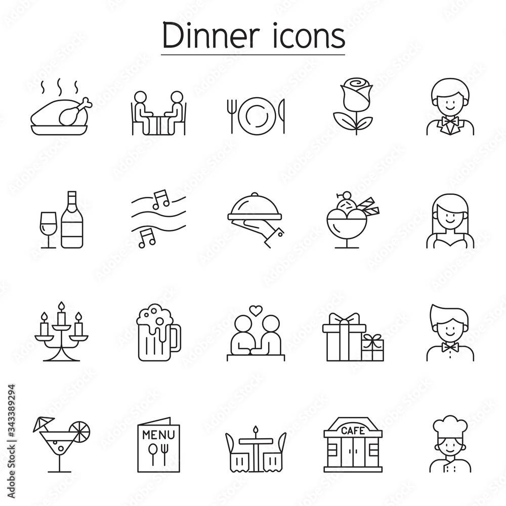 Dinner icons set in thin line style Stock Vector | Adobe Stock