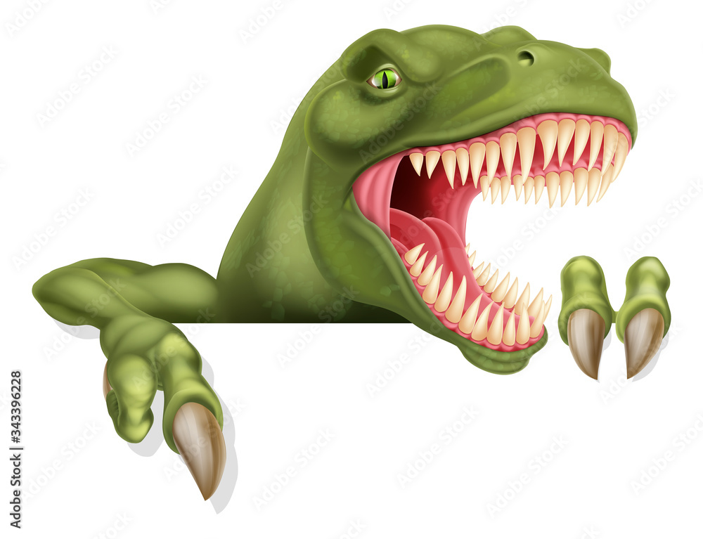 A scary dinosaur T Rex cartoon character peeking over a sign and ...