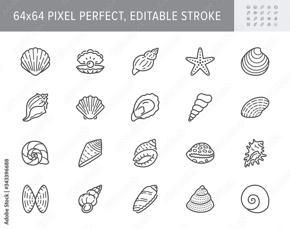 Seashell, oyster, scallop line icons. Vector illustration included icon ...