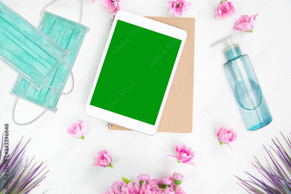 work from home office desk tablet work space table top view overhead ...