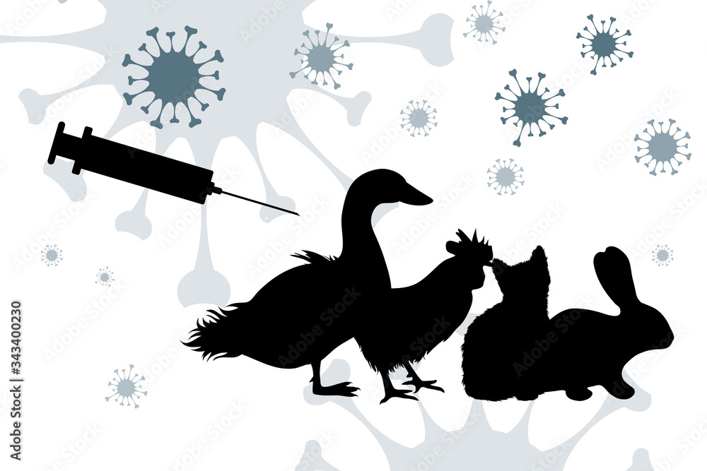 Vector silhouette of farm animals with vaccination symbol injection on ...
