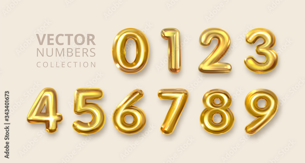 Gold Numerals Set. Golden Yellow Metal Letter. Number 1 2 3 4 5 6 7 8 9 ...
