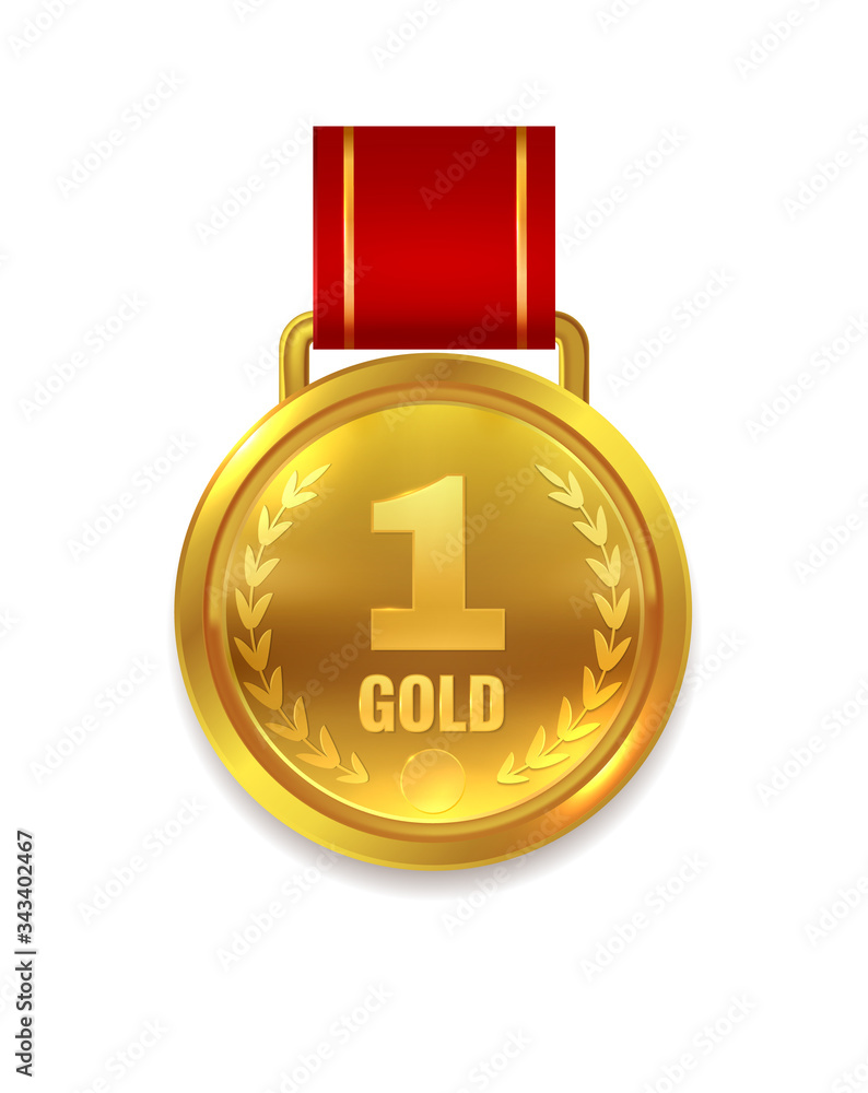 Winner gold medal. Prize with red ribbon for certificate or first place ...