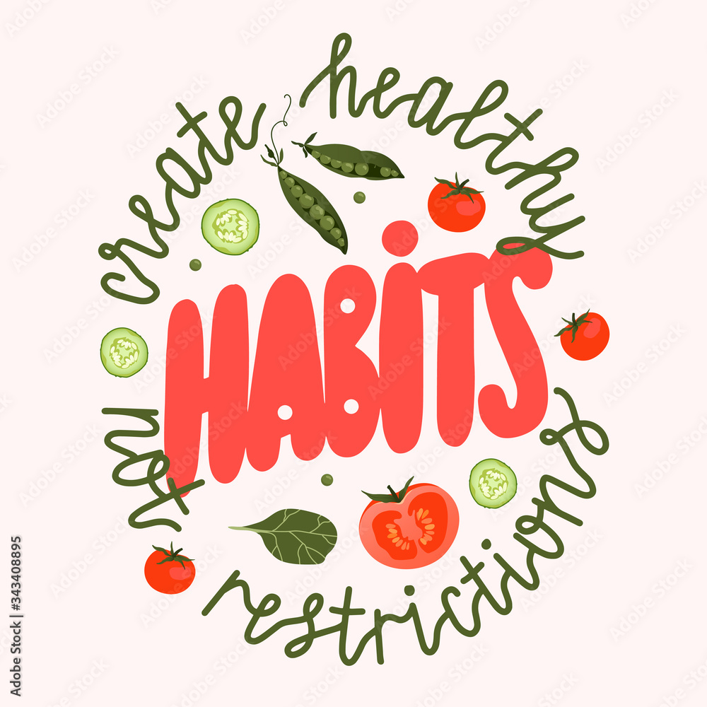 Healthy habits lettering. Vegetable lettering for poster, t-shirt, and ...