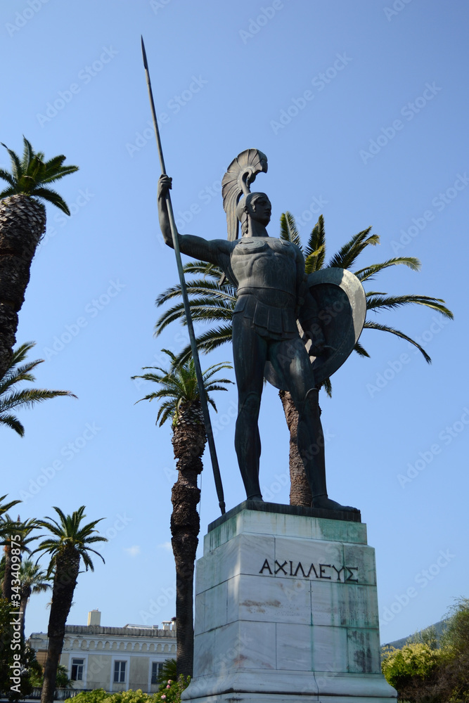 The statue of Achilles, located in Achilleion palace garden. The palace ...