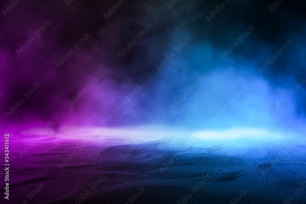 Empty background scene. Dark street reflection on wet asphalt. Rays of ...