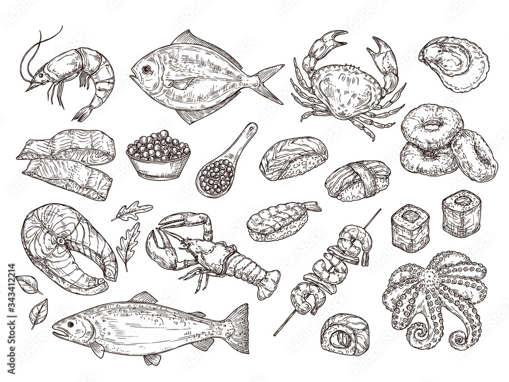 Hand drawn seafood. Natural oyster squid, caviar. Japanese meal ...