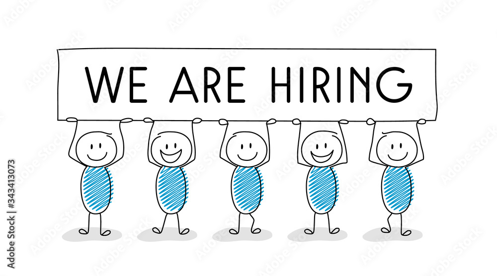 Cartoon people holding banner with “we are hiring” text. New vacancy ...