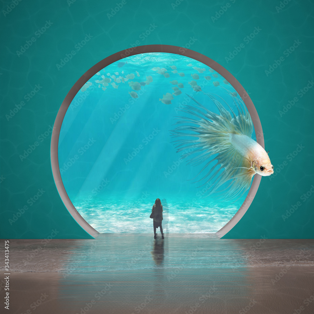 Surreal visionary aquarium in turquoise tones with a big rosy fish ...