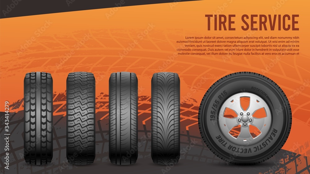 Tire service banner. Tires, car wheels poster. Autos repair, wheel ...