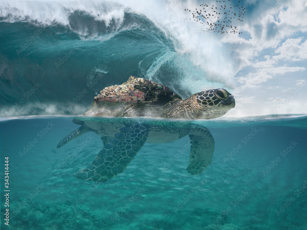 Imaginary fictional dreamy sea landscape with a sea turtle getting ...