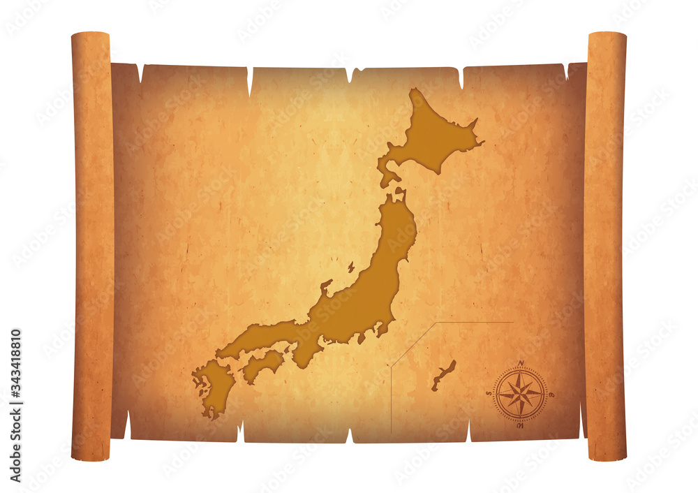 Illustration of a map of Japan drawn on an old scroll ｜ Parchment image ...