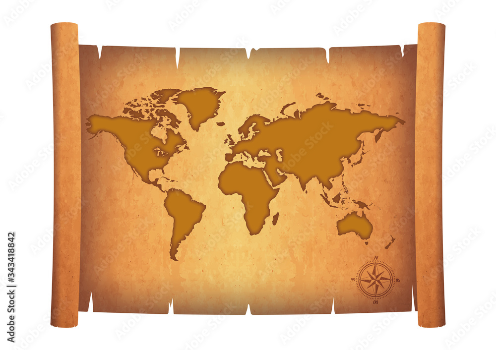 Illustration of a map of the world drawn on an old scroll ｜ Parchment ...