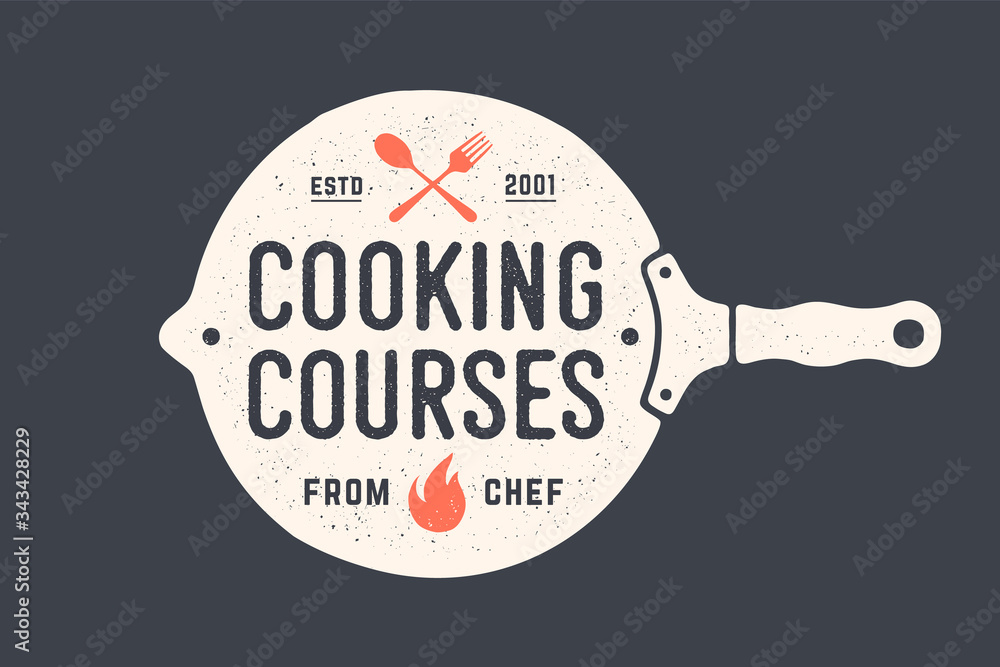 Kitchen frying pan. Logo for Cooking school class with frying pan and ...