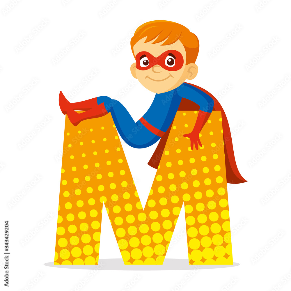 ABC Letter M Superhero Boy Cartoon character Vector illustration Stock ...