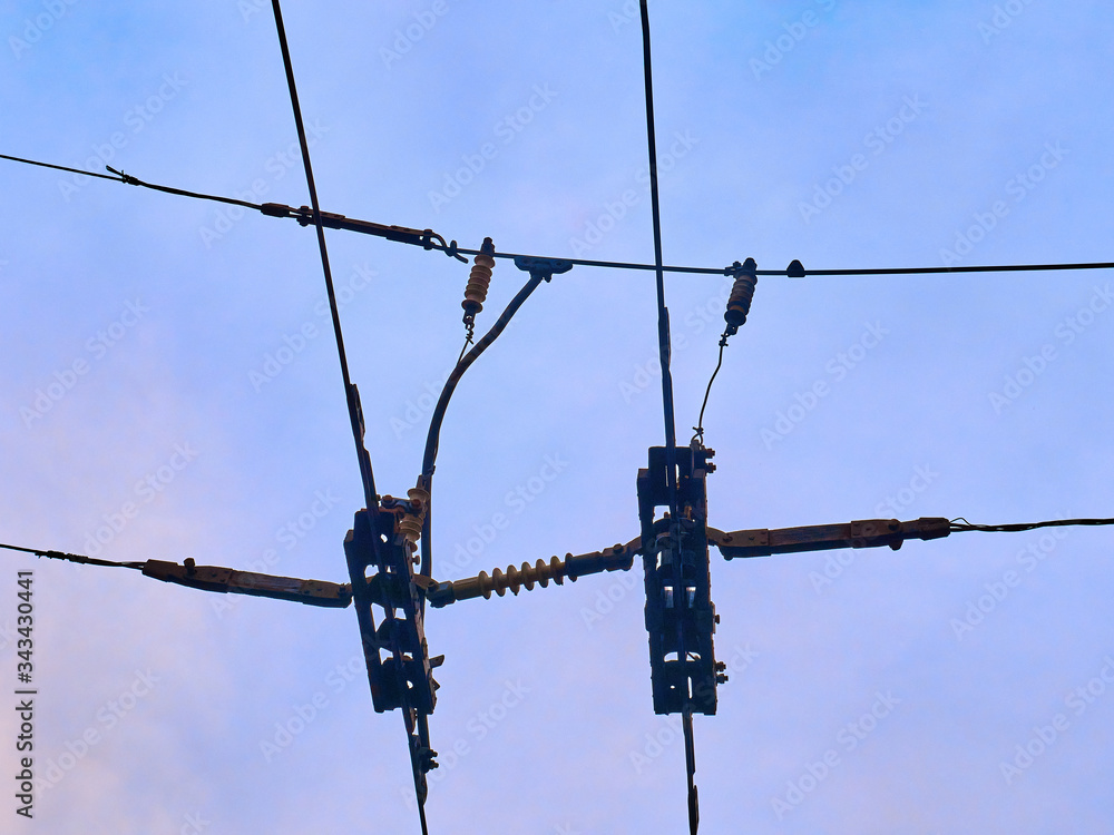 Connections of iron electric wires of a trolley bus. Stock Photo ...