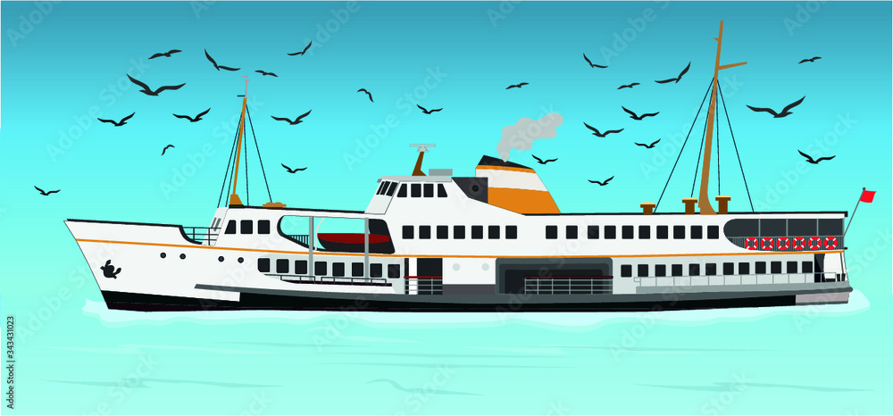 Istanbul Ferry illustration with istanbul silhouette. Traditional ...