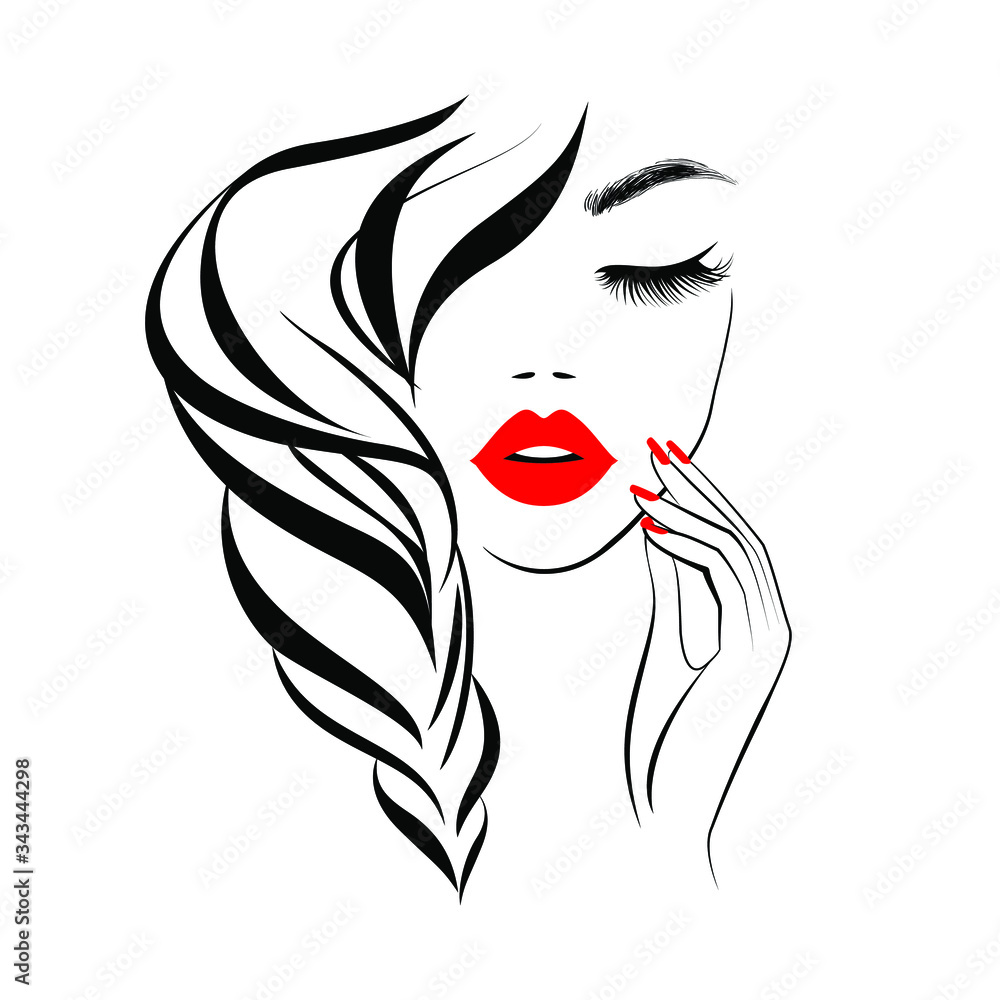 Beautiful Sexy Face Red Lips Hand With Red Manicure Nails Fashion