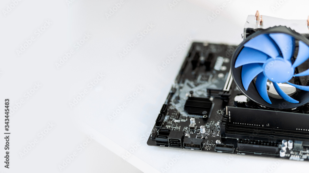 Computer components at the time of PC assembly. Motherboard, RAM ...