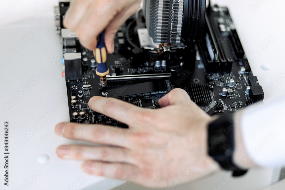 Computer components at the time of PC assembly. Installation ssd-m2 ...