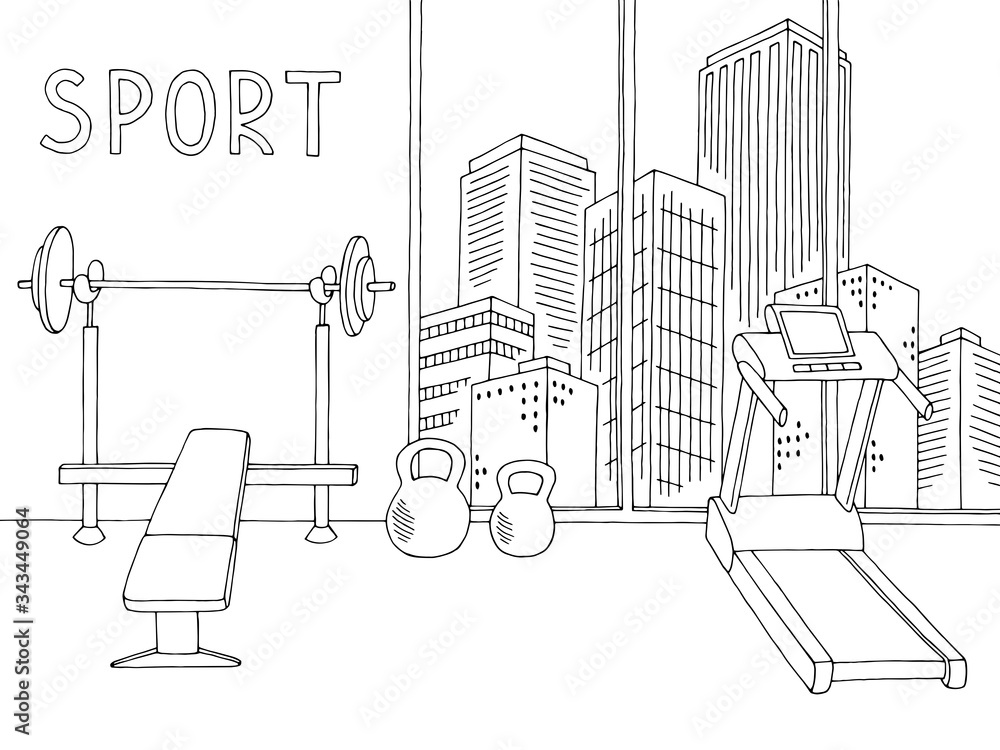 Gym interior sport club graphic black white sketch illustration vector ...