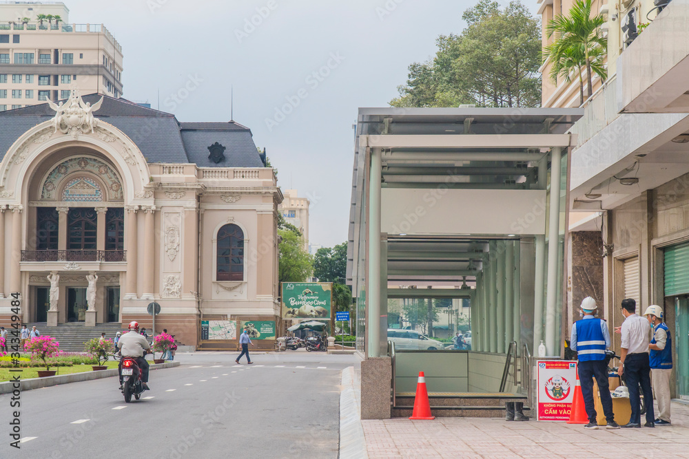 Saigon Opera House metro station entrance in the finishing phase. This ...