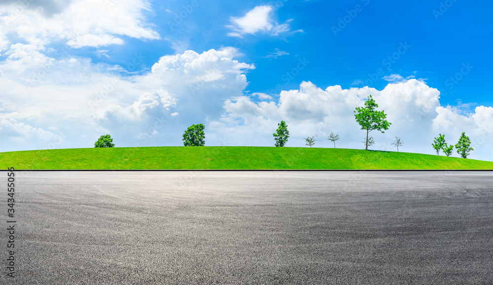 Empty race track and green grass with tree under the blue sky. Stock ...