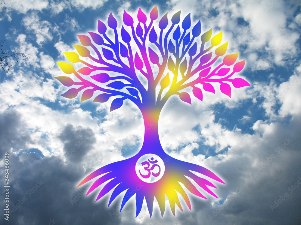 The tree of life with an om / aum/ ohm sign on a clouds sky background ...