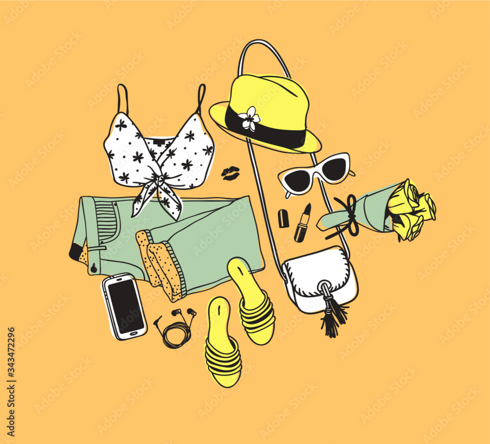 Hand drawn Fashion Illustration Summer Outfit. Season Look on Orange ...