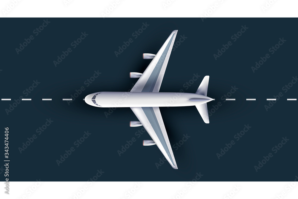 Airliner view from above, realistic 3d plane. passenger plane on runway ...