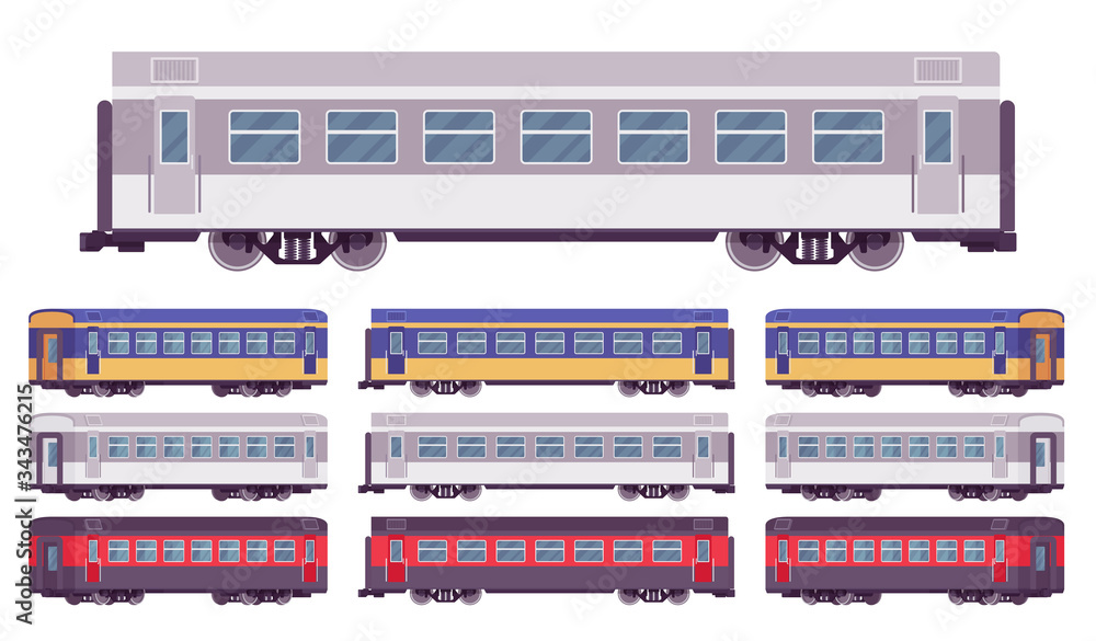 Passenger bright train wagon set for travelling. Railroad high speed ...