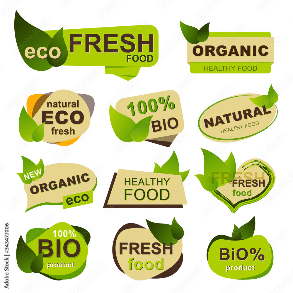 Organic food badges set. Natural eco fresh food, bio products and ...