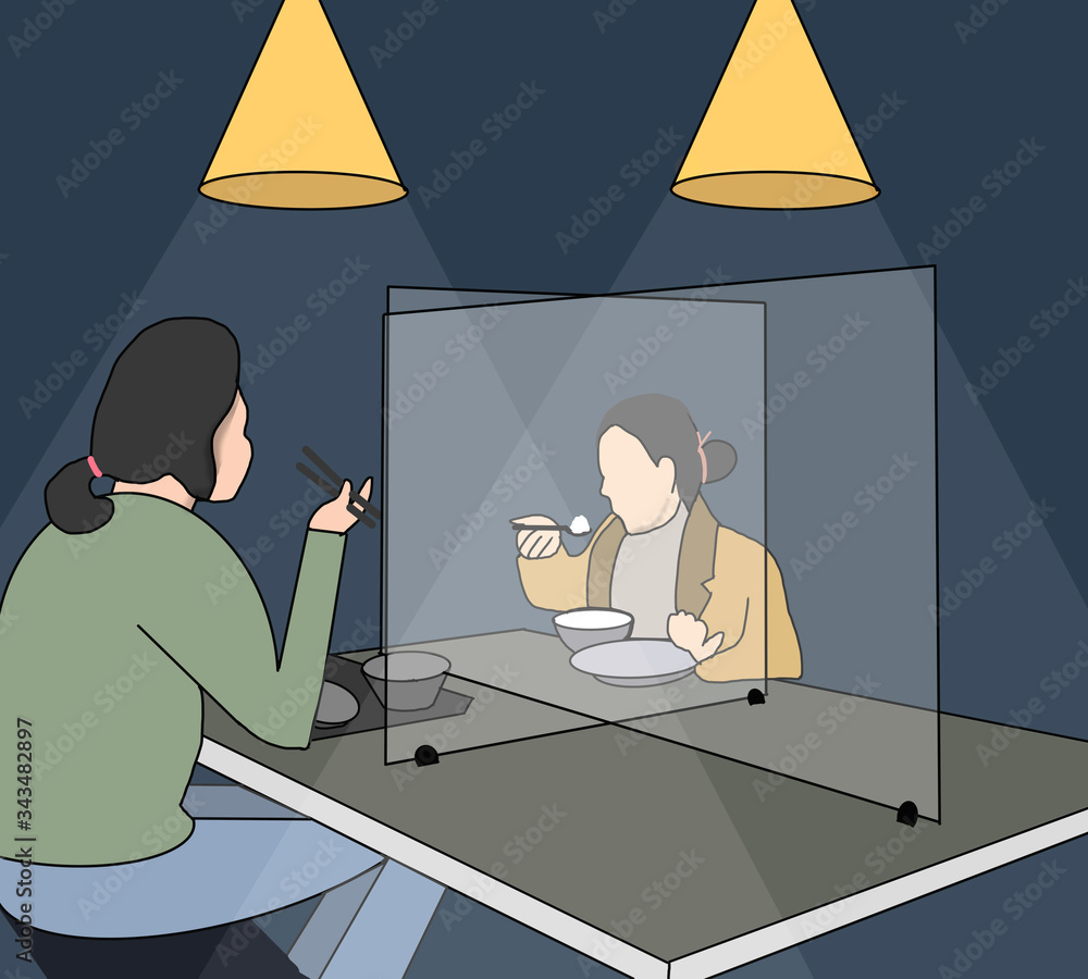 Covid-19 social distancing in canteen and food court table.People ...