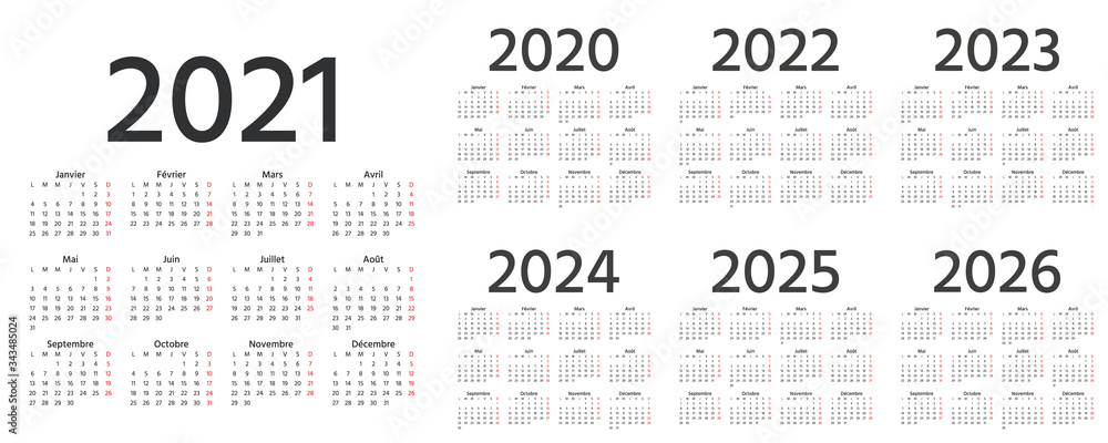 French Calendar 2021, 2022, 2023, 2024, 2025, 2026, 2020 years. Vector ...