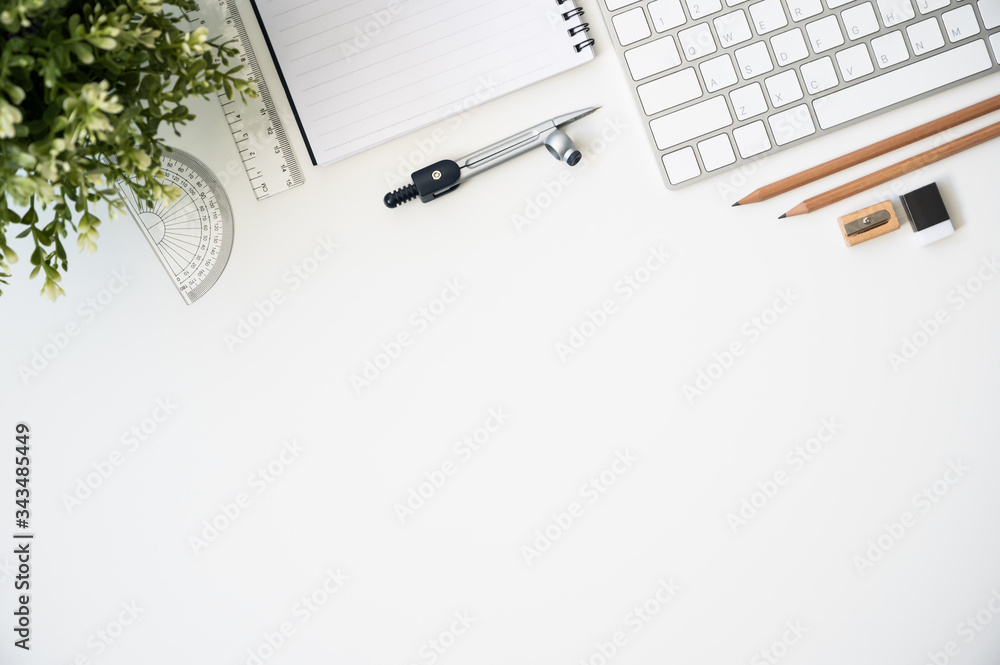 Top view table desk of office architect pencil, compasses tool, ruler ...