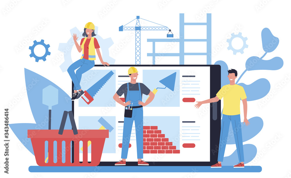 House building concept. Workers constructing home with tools Stock ...