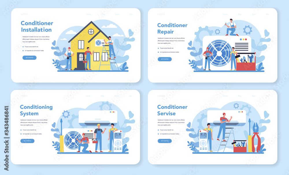 Air conditioning repair and instalation service concept set. Repairman ...