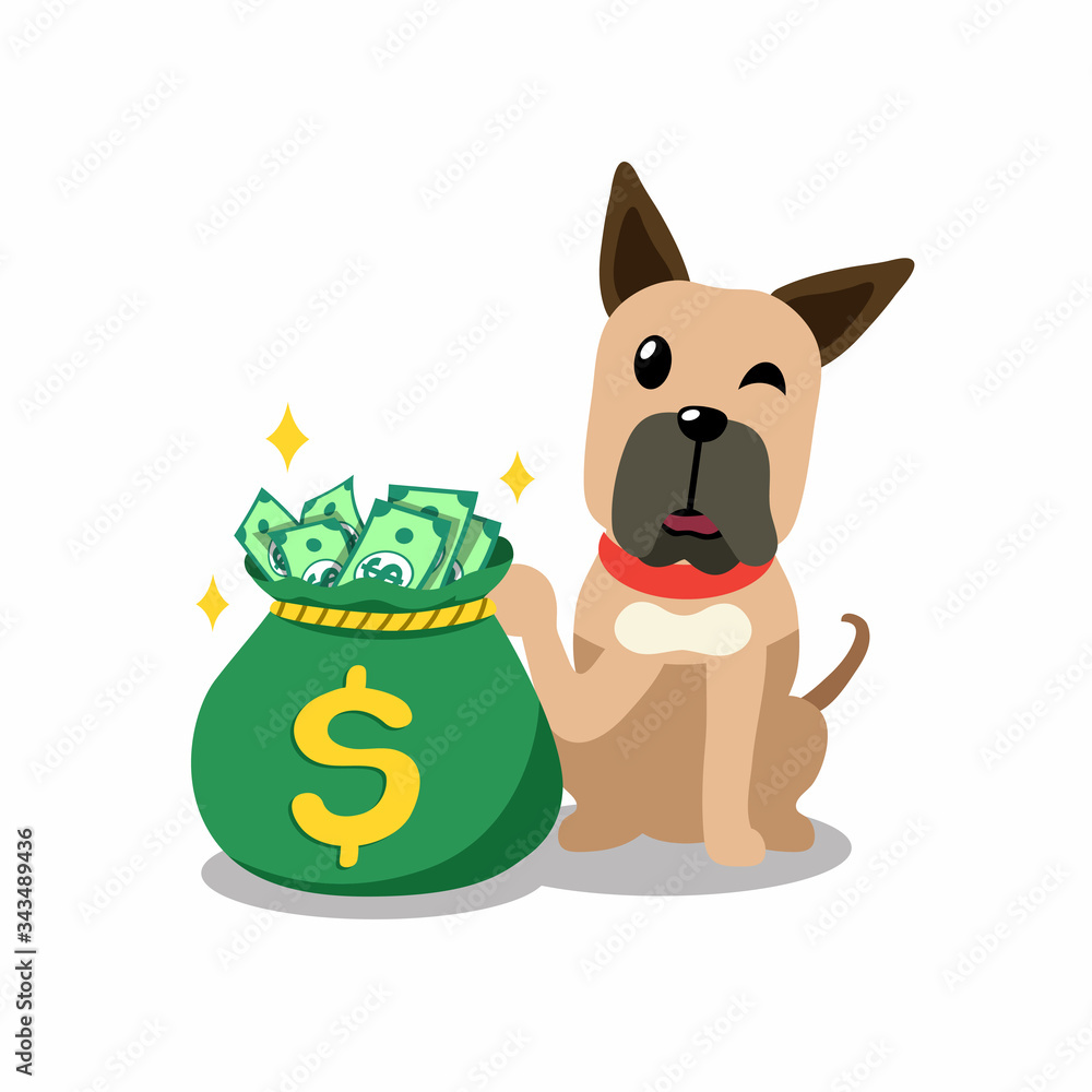 Vector cartoon character great dane dog with money bag for design ...