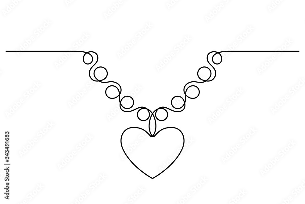 Continuous line drawing. Necklace with heart. Black isolated on white ...