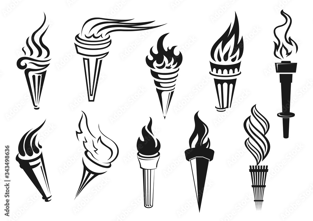 Torch, vector icons of sport game cup and championship victory symbol ...