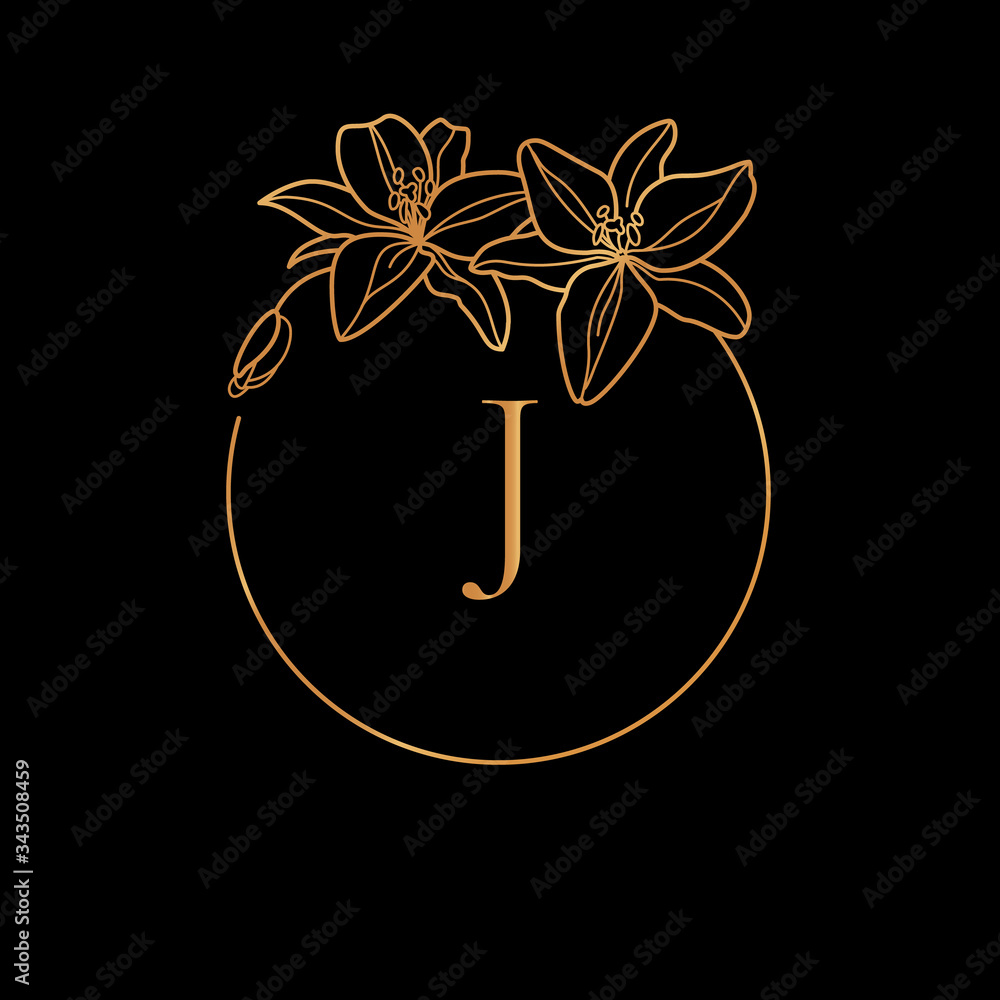 Gold frame template Lily Flower and monogram concept with the letter J ...