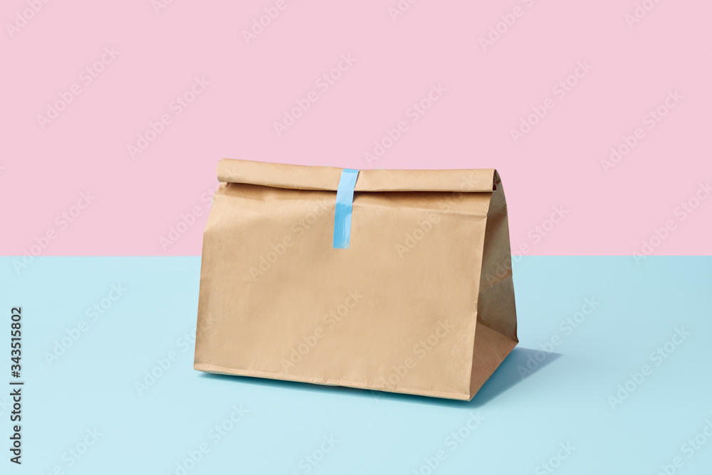 Brown clear empty blank paper bag for food delivery on colorful ...