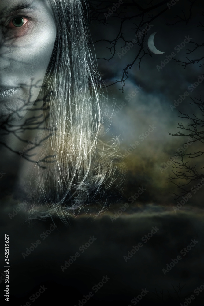 Horror and Halloween background. Scary face in the forest with copy ...