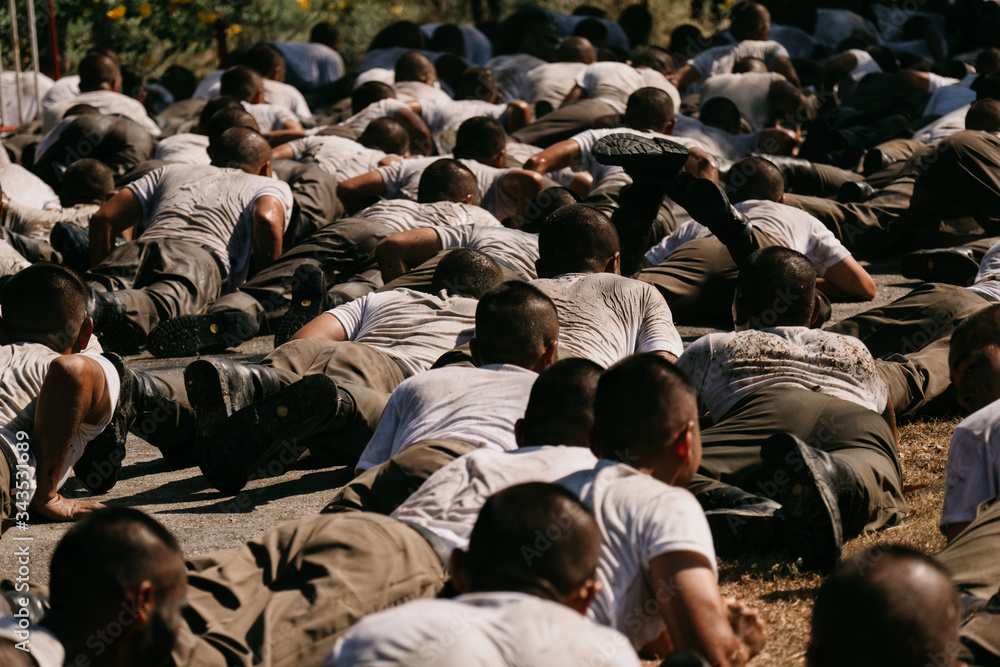 Soldiers game on military training ground ( battle camp ). Action ...