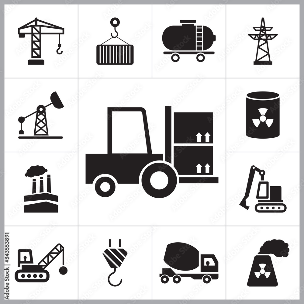 Industrial icons set with fork lift truck, tower crane and excavator ...