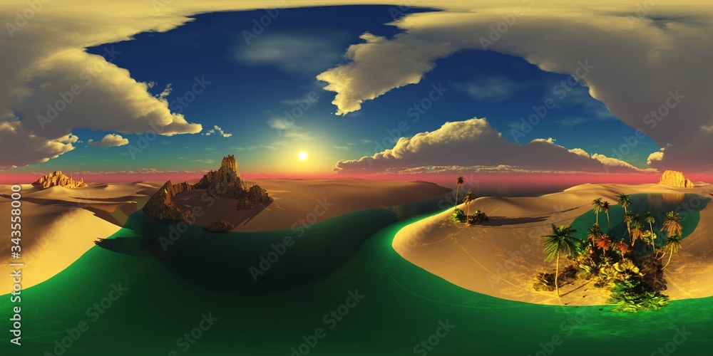 Oasis at sunset in a sandy desert. Environment map. HDRI . equidistant ...
